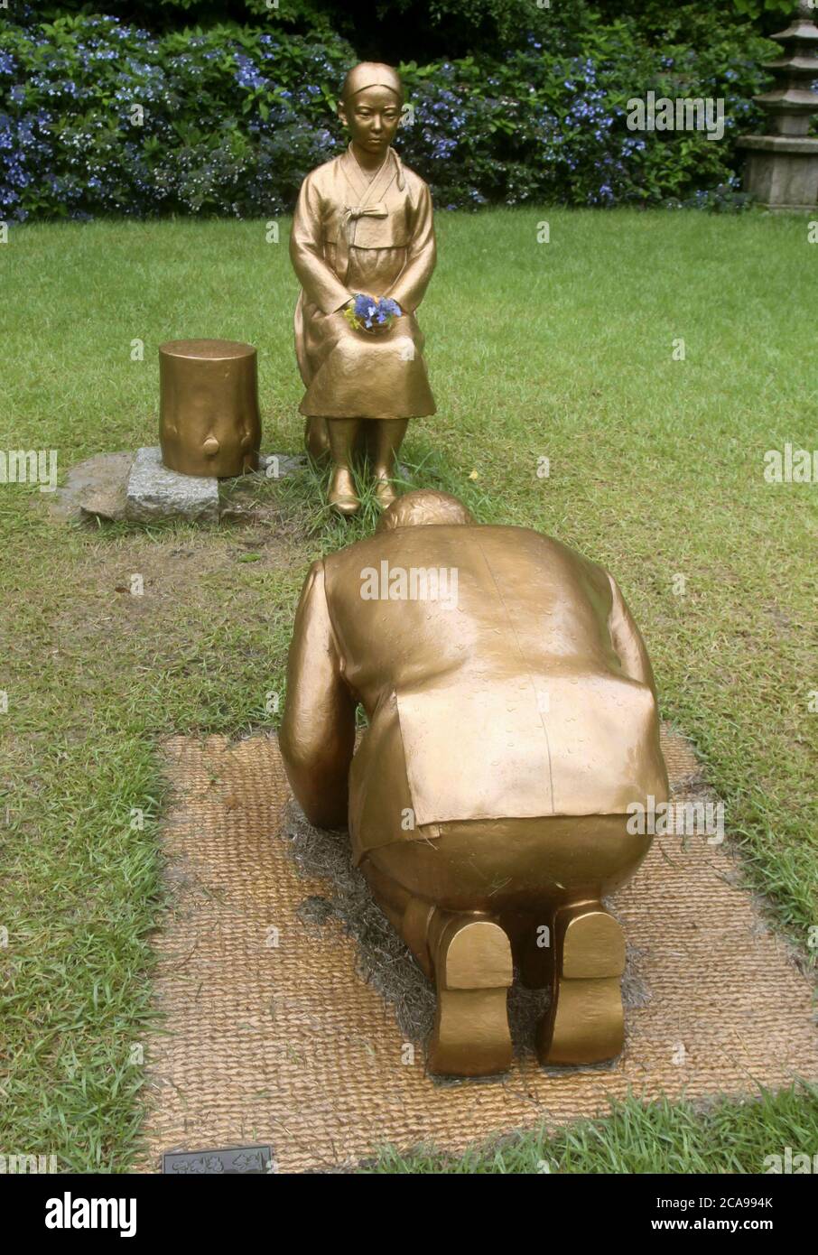 Photo taken Aug. 5, 2020, shows statues of a man resembling Japanese ...