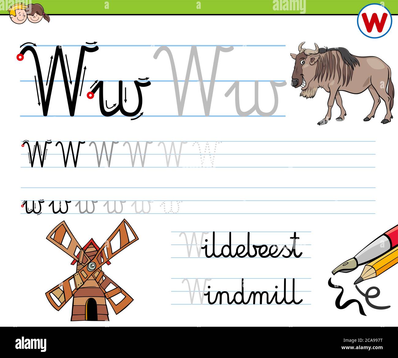 Cartoon Illustration of Writing Skills Practice Worksheet with Letter W ...
