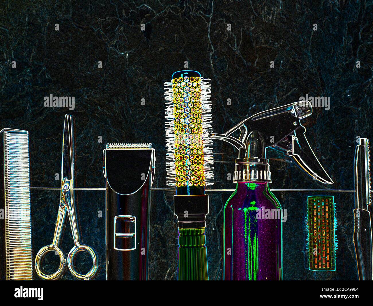 Tool in hairdressing craft background salon neon style Stock Photo - Alamy