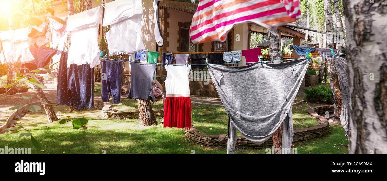 Domestic real life scene of many children and adult fresh clean washed ...