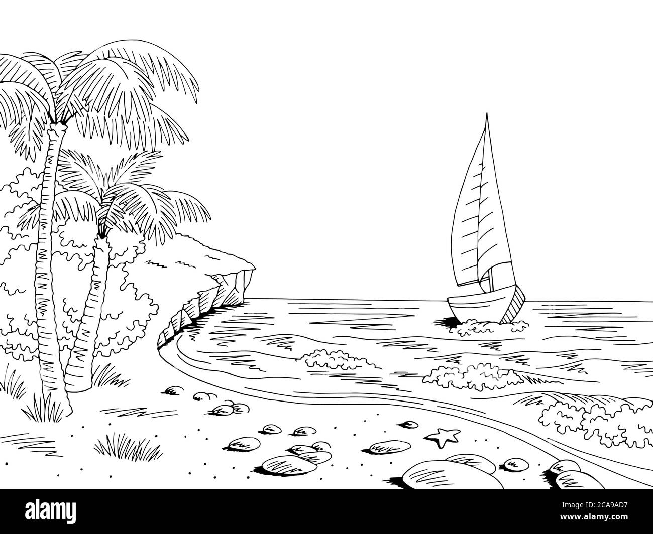 Sea coast graphic yacht sea bay black white landscape sketch ...