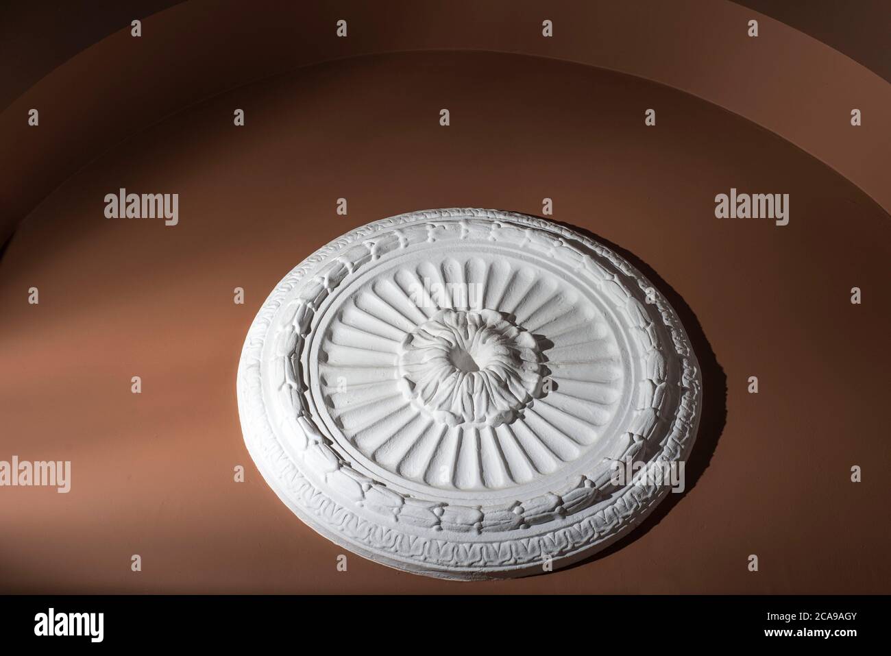 architectural decorative finish on a brown wall, white, round gypsum ...