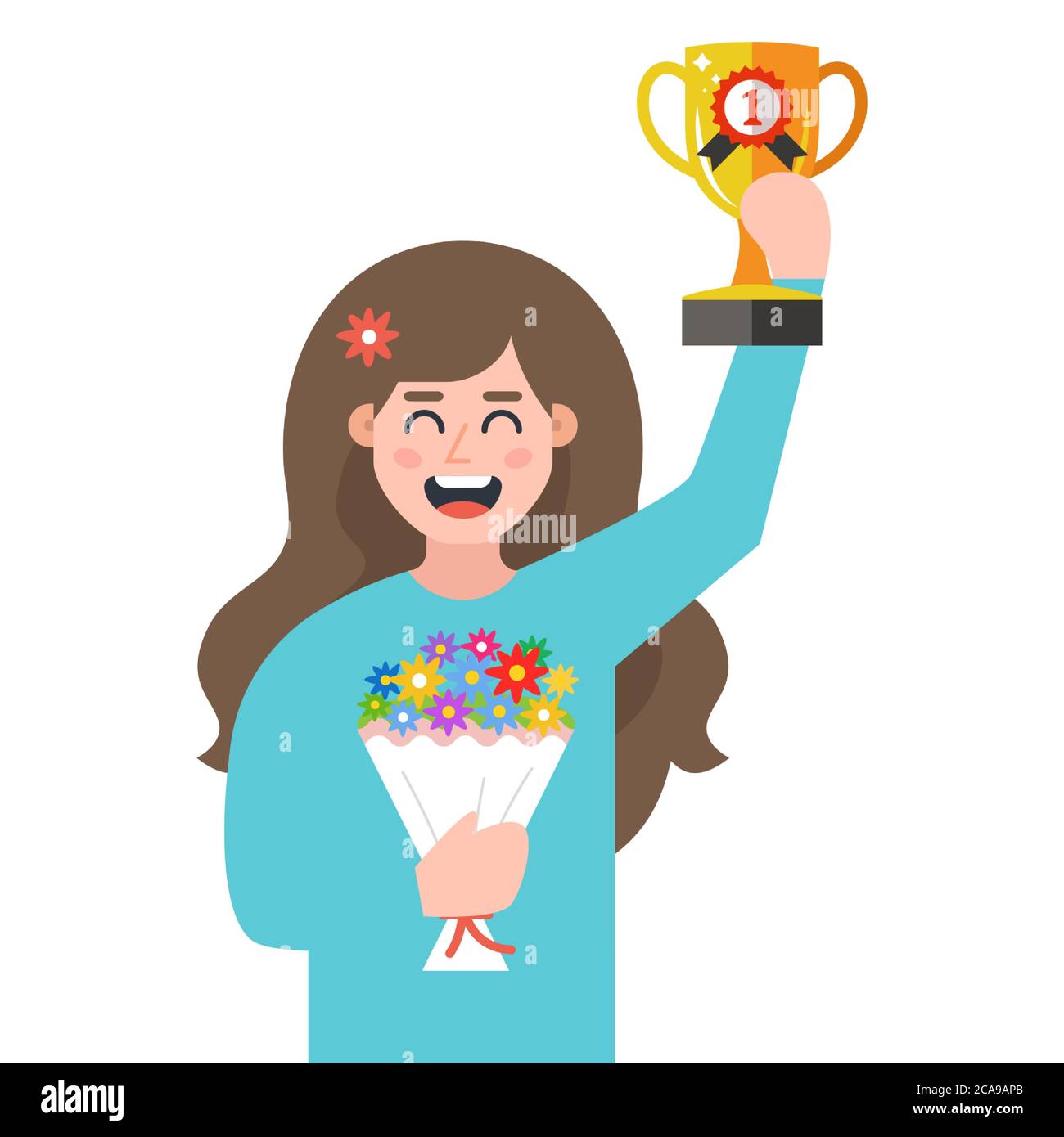 girl with a cup and flowers in her hands. winner of the competition ...