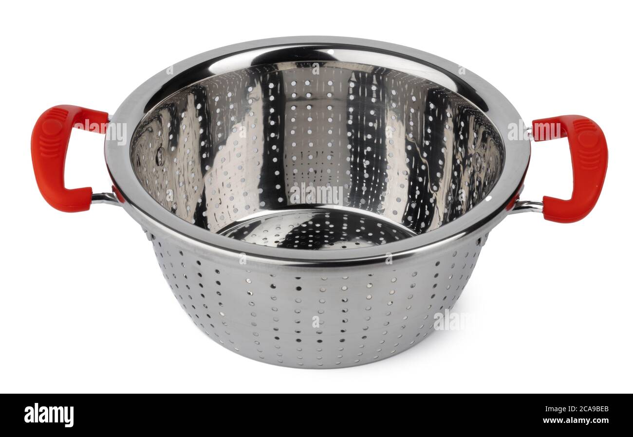 New metal kitchen colander isolated on white Stock Photo - Alamy