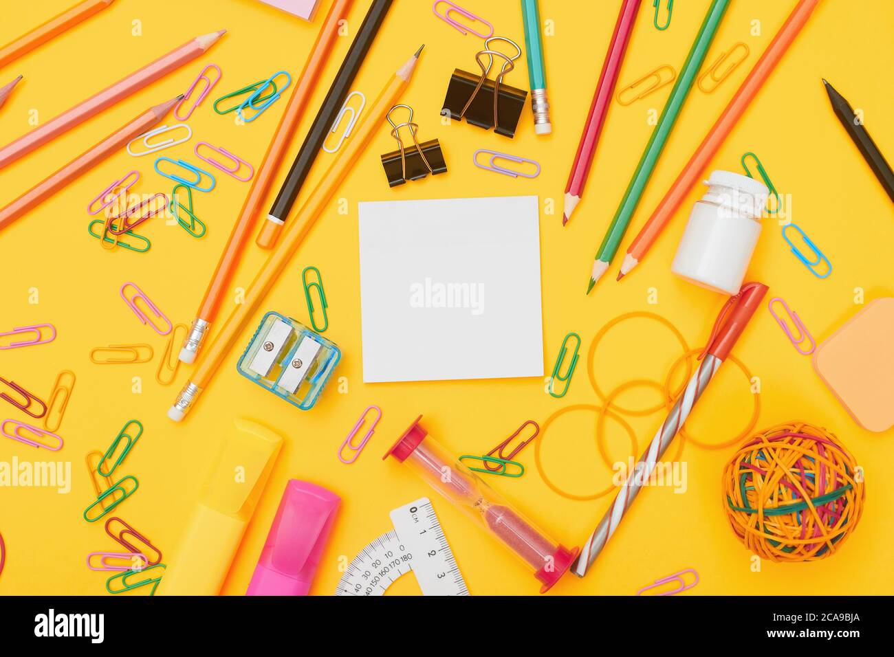 MOCKUP School office supplies on yellow background flat lay with copy ...