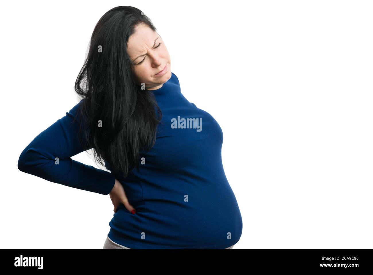 Future mom feeling back pain isolated on white background as eight ...