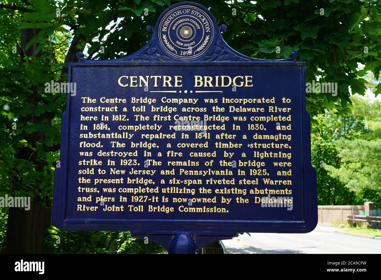 STOCKTON, NJ -16 JUL 2020- Day view of the Centre Bridge, a historic ...