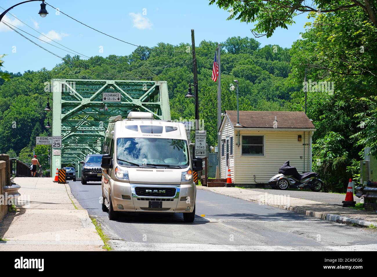 STOCKTON, NJ -16 JUL 2020- Day view of the Centre Bridge, a historic ...
