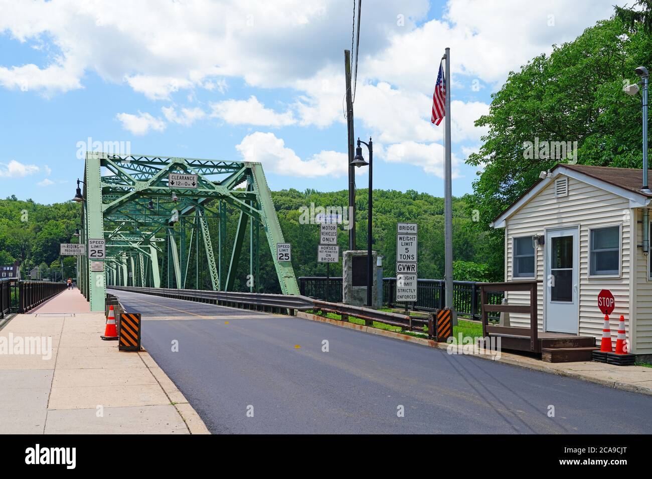 STOCKTON, NJ -16 JUL 2020- Day view of the Centre Bridge, a historic ...