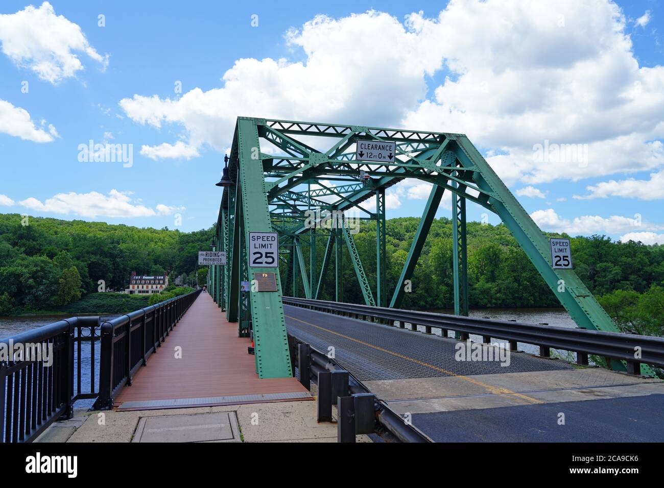 STOCKTON, NJ -16 JUL 2020- Day view of the Centre Bridge, a historic ...