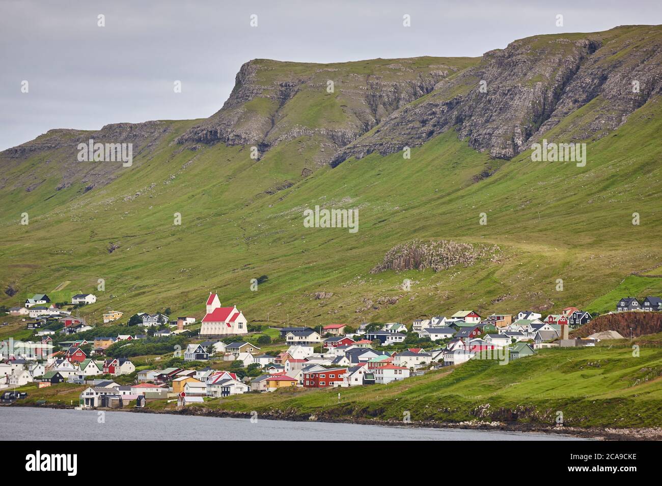 Traditional faroese village in Suduroy island. Fjord landscape ...