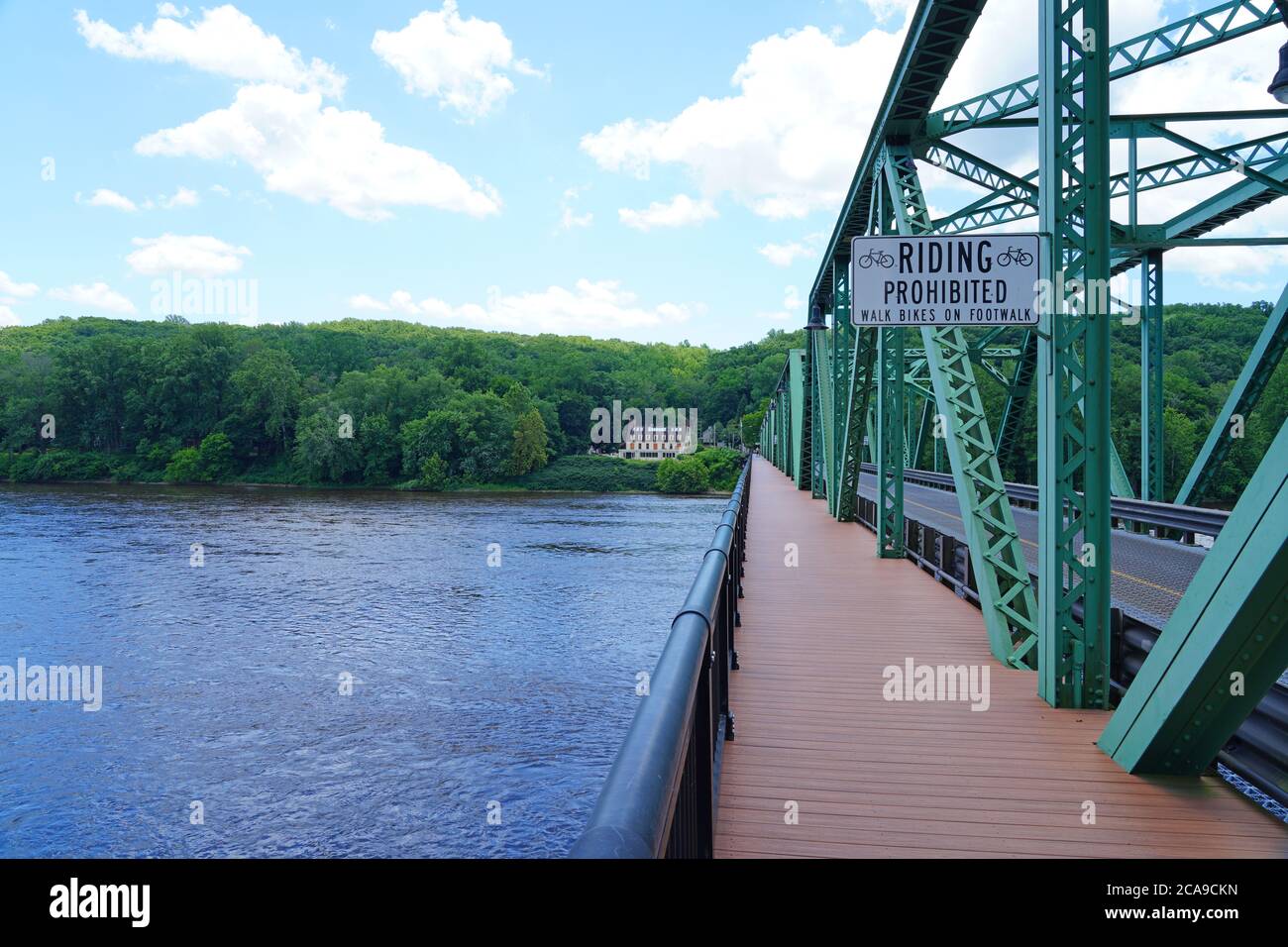 STOCKTON, NJ -16 JUL 2020- Day view of the Centre Bridge, a historic ...