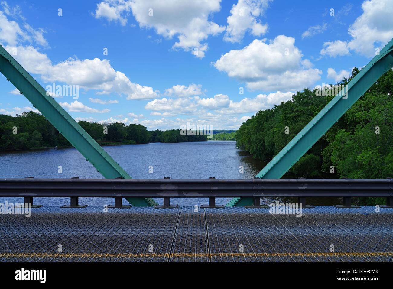 STOCKTON, NJ -16 JUL 2020- Day view of the Centre Bridge, a historic ...