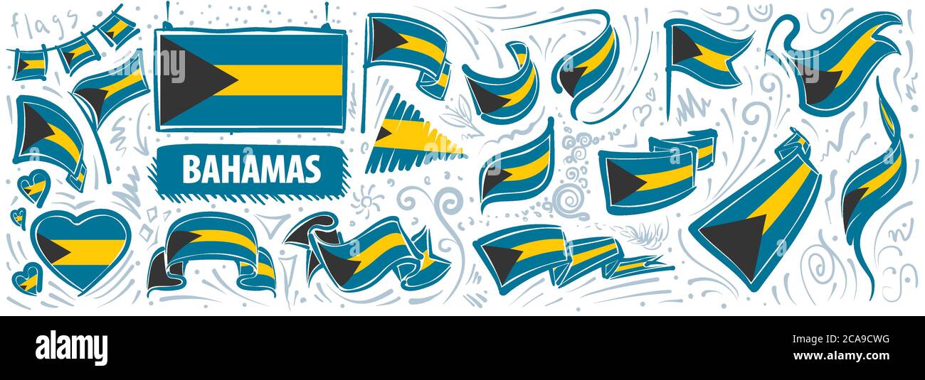 Vector set of the national flag of Bahamas in various creative designs ...