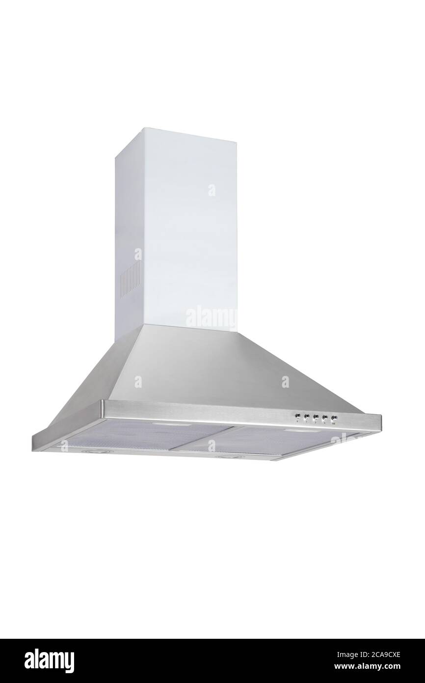 Vertical shot of modern INOX cooker hood on a white background Stock ...