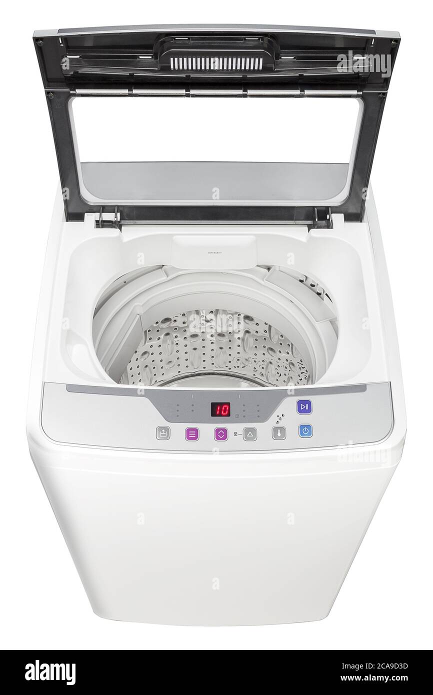 High angle shot of washing machine with an opened door on white ...
