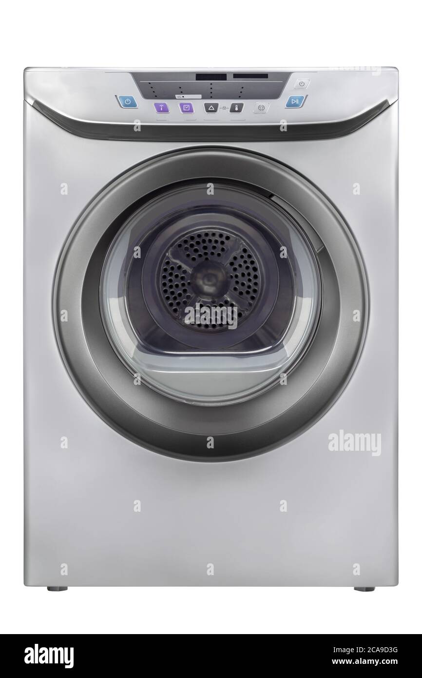 Vertical shot of silver washing machine on white background Stock Photo ...