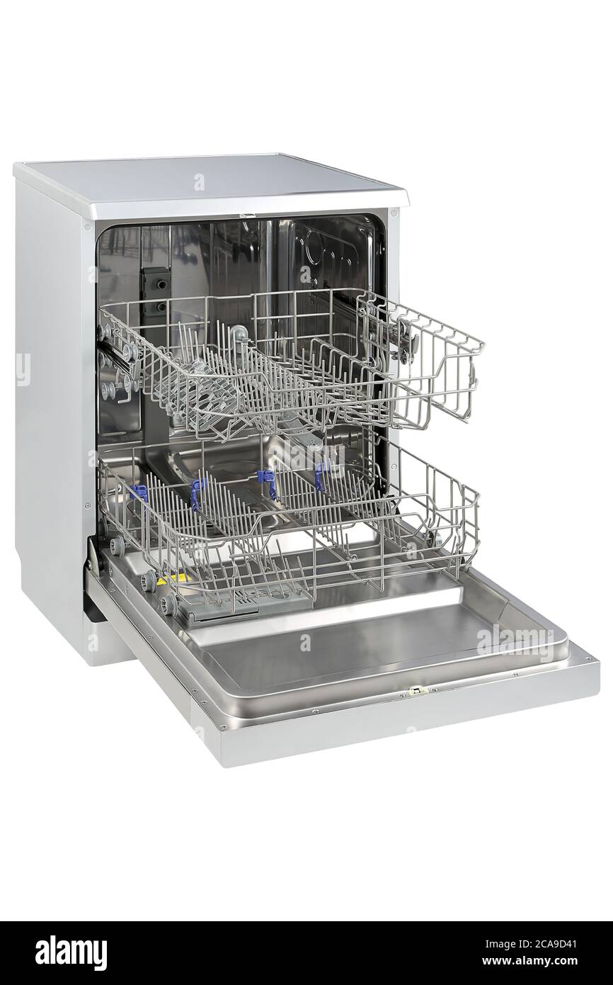 Vertical shot of white dishwasher with opened door Stock Photo - Alamy