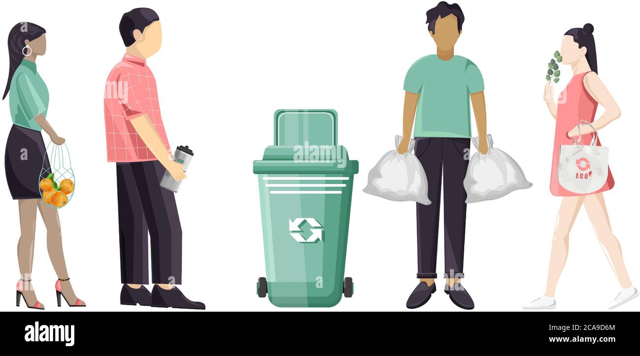 Set of people using eco friendly reusable bags and trash can. Colorful ...