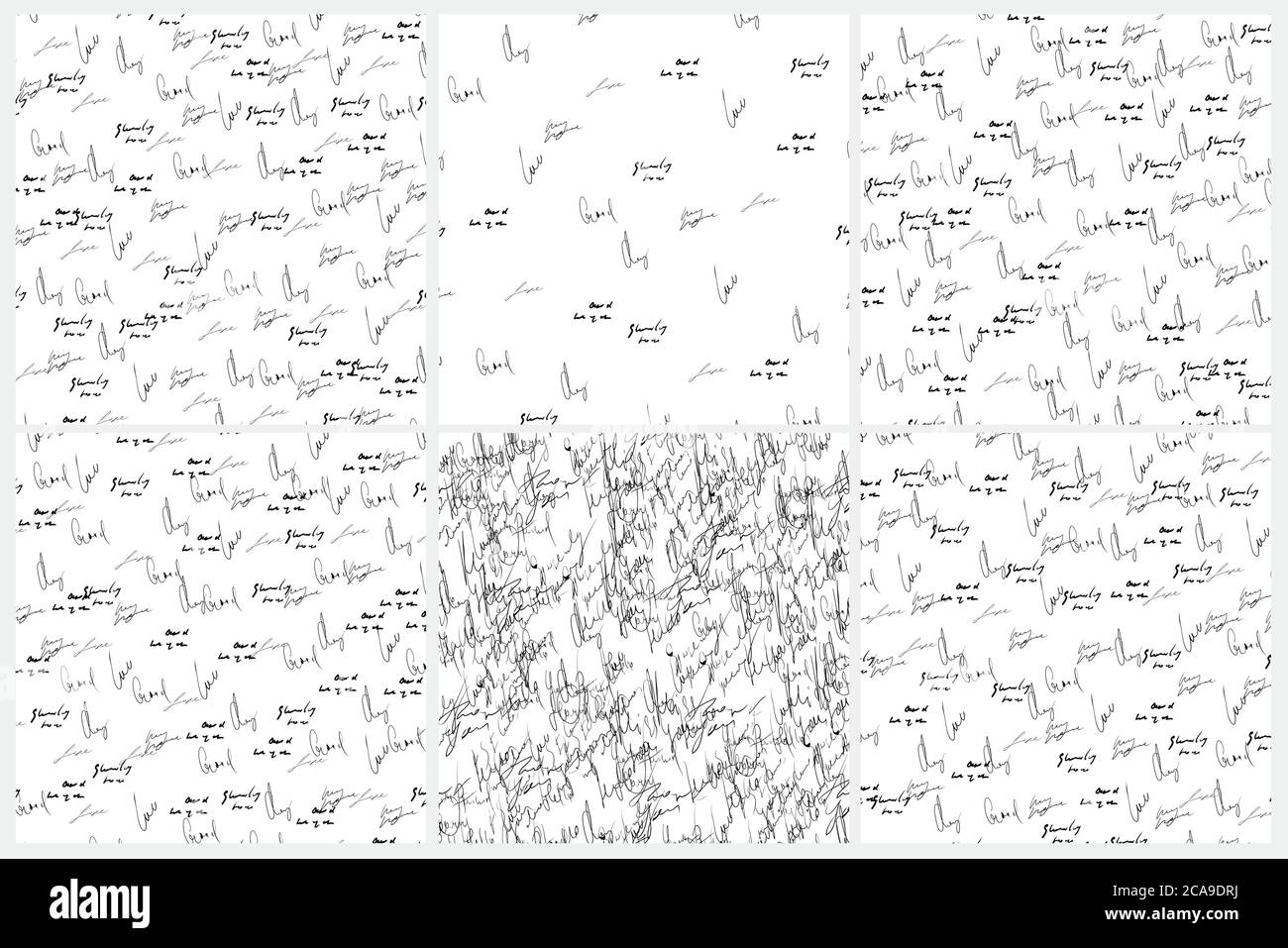 Seamless abstract text pattern set. Handwritten font on a white ...