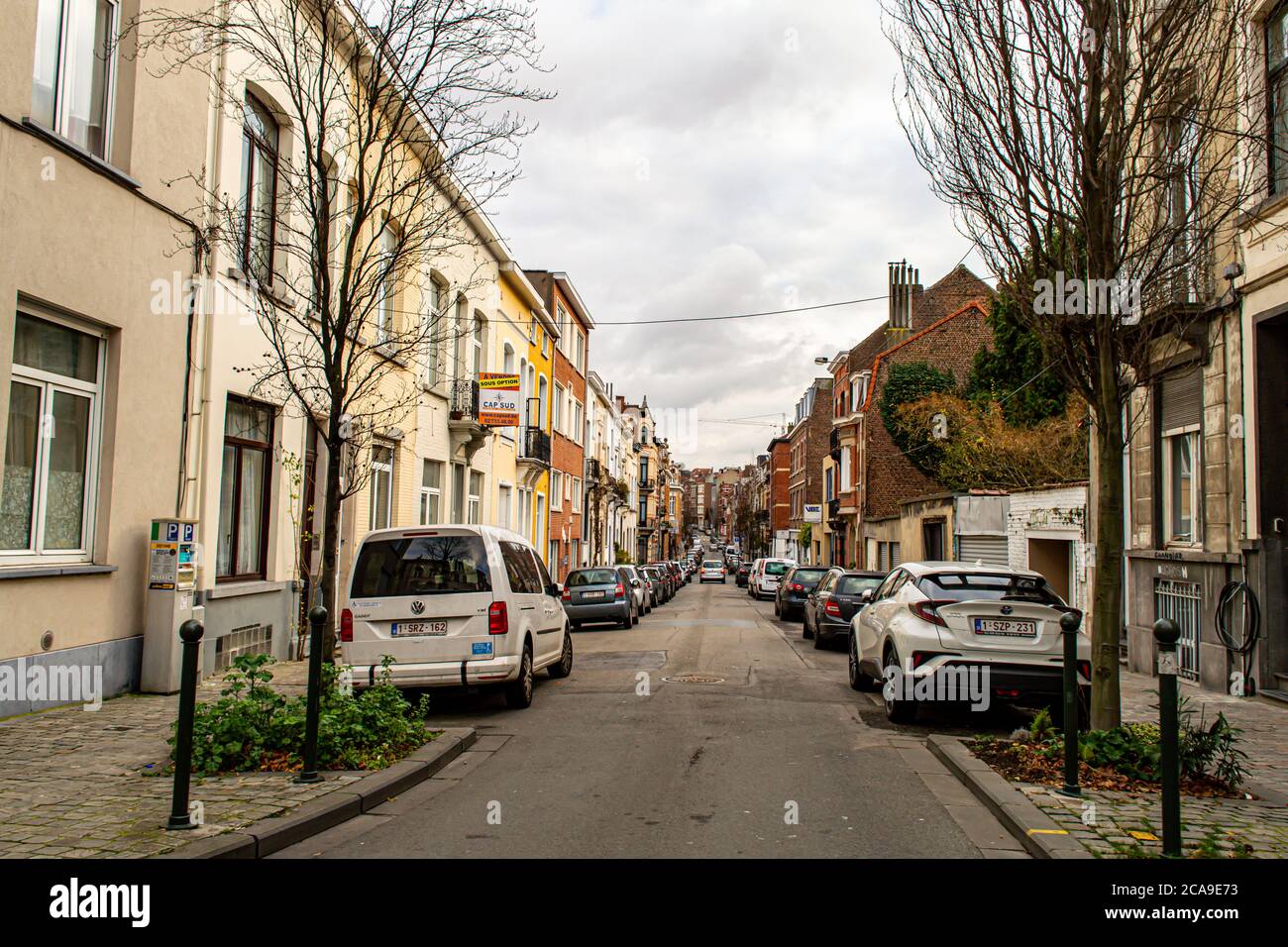 BRUSSELS, BELGIUM - JANUARY 3, 2019: Typical Belgium houses, walking ...