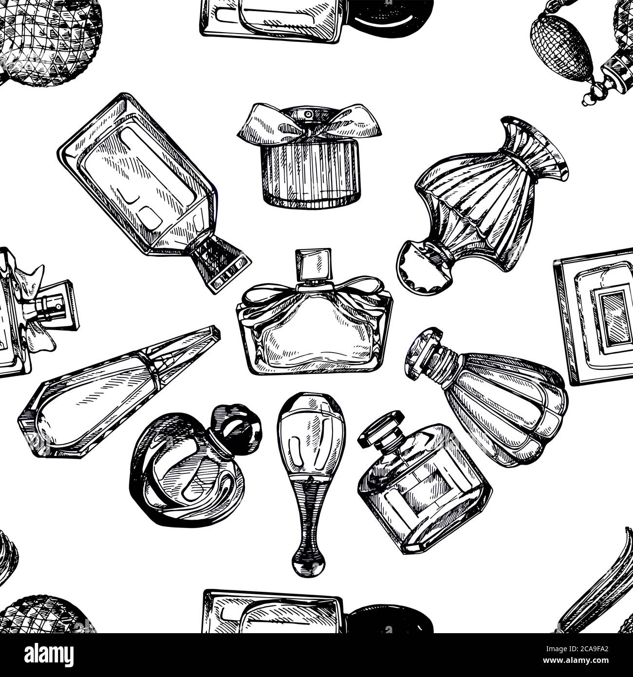 Seamless pattern of hand drawn sketch style bottles of perfume isolated ...