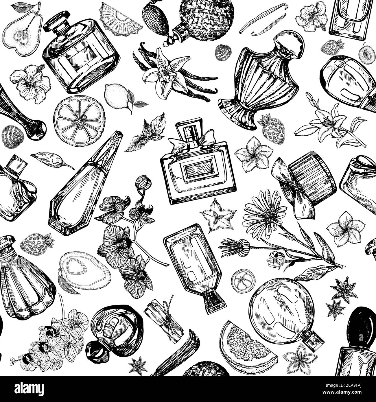 Seamless pattern of hand drawn sketch style bottles of perfume and ...