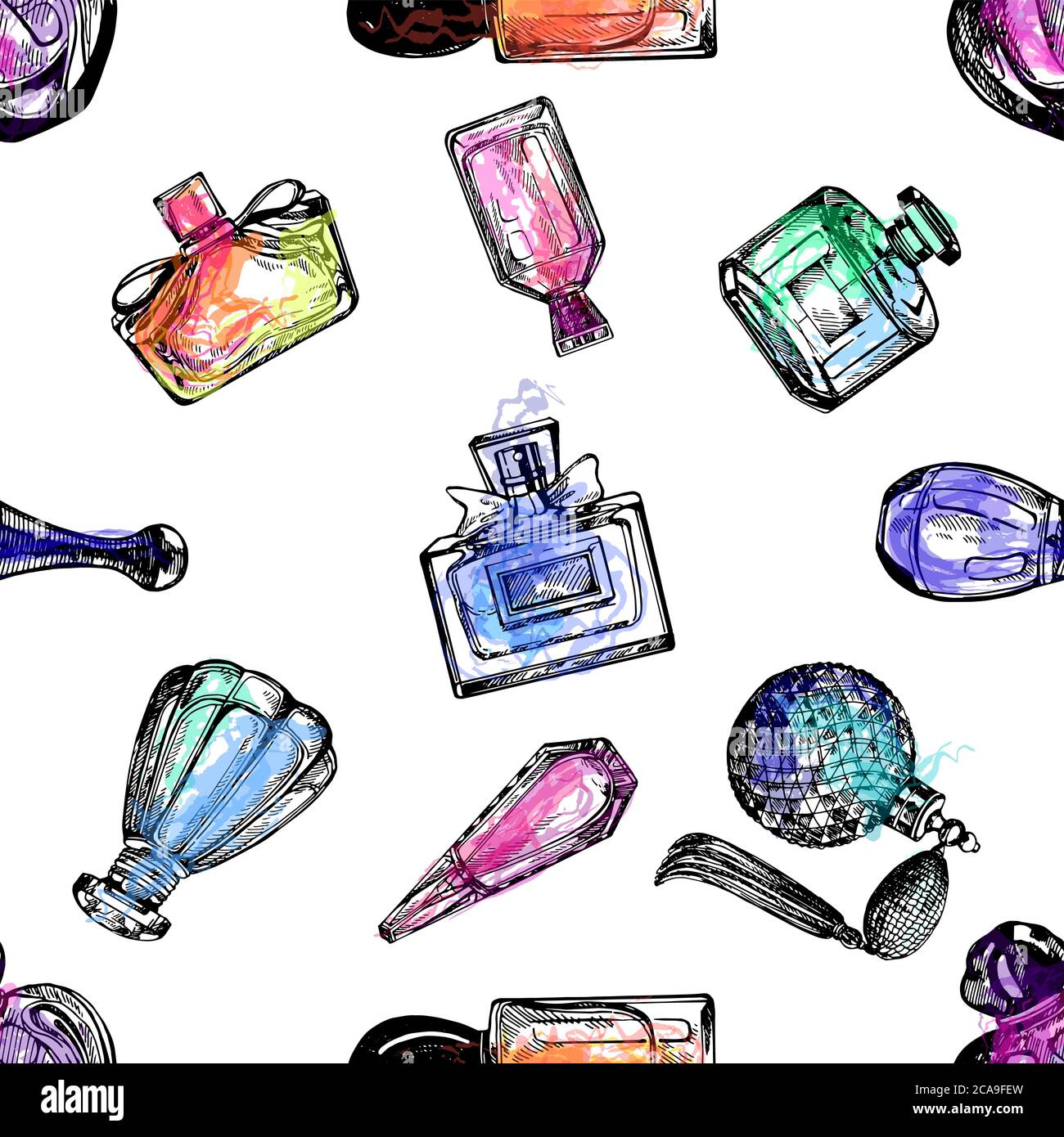 Seamless pattern of hand drawn sketch style colorful bottles of perfume ...