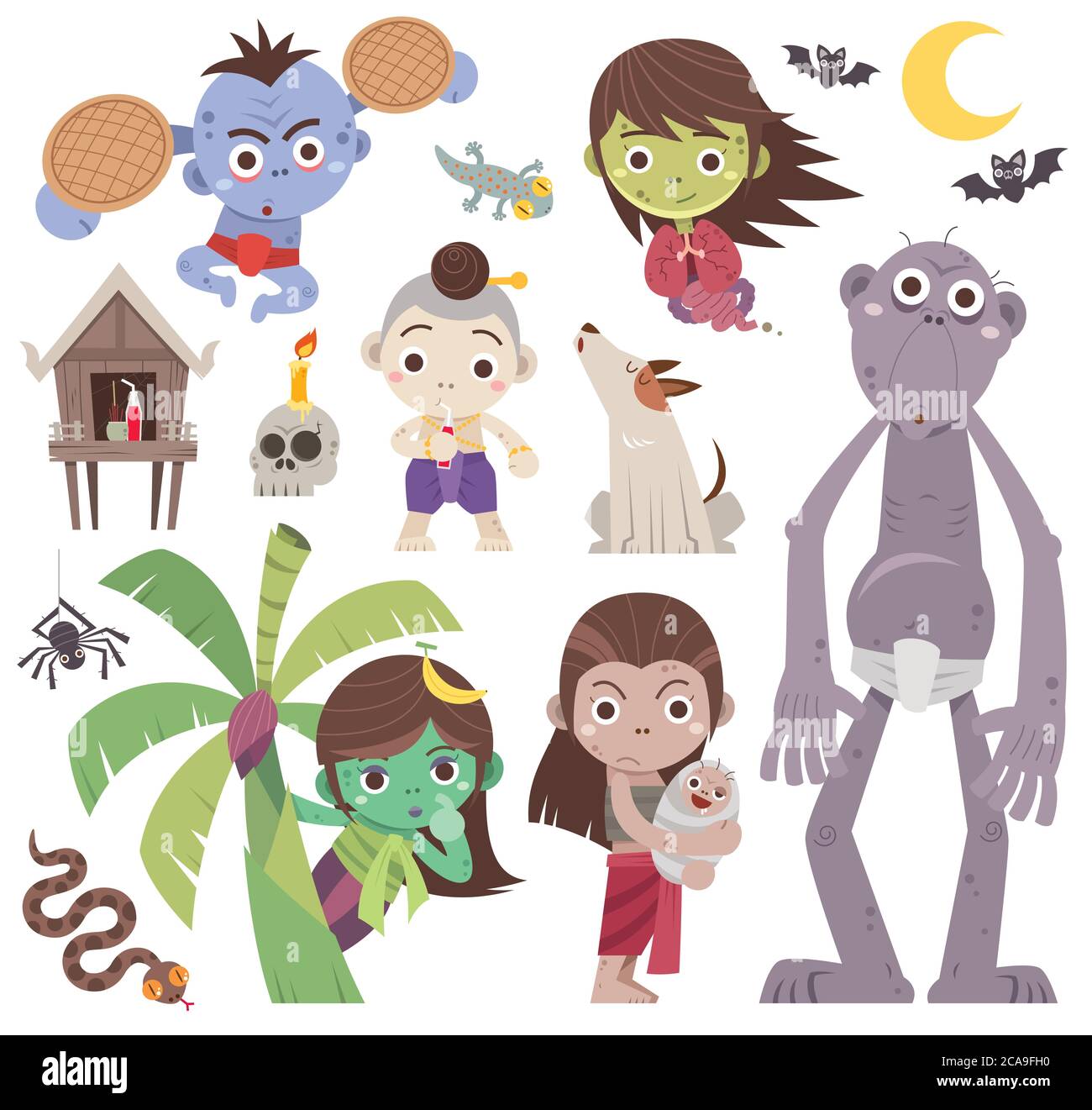 Vector illustration of Cartoon Thai ghost set, Thai Ghosts character ...
