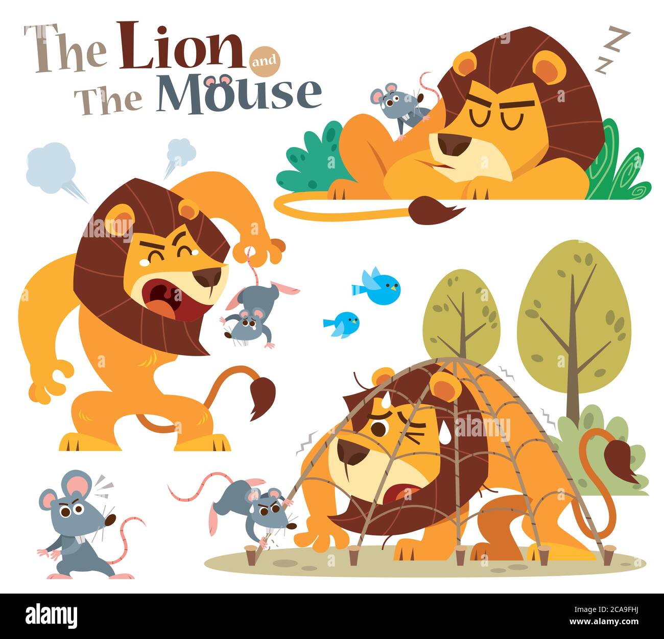 Vector Illustration of Cartoon The Lion and the Mouse. Fairy fable tale ...