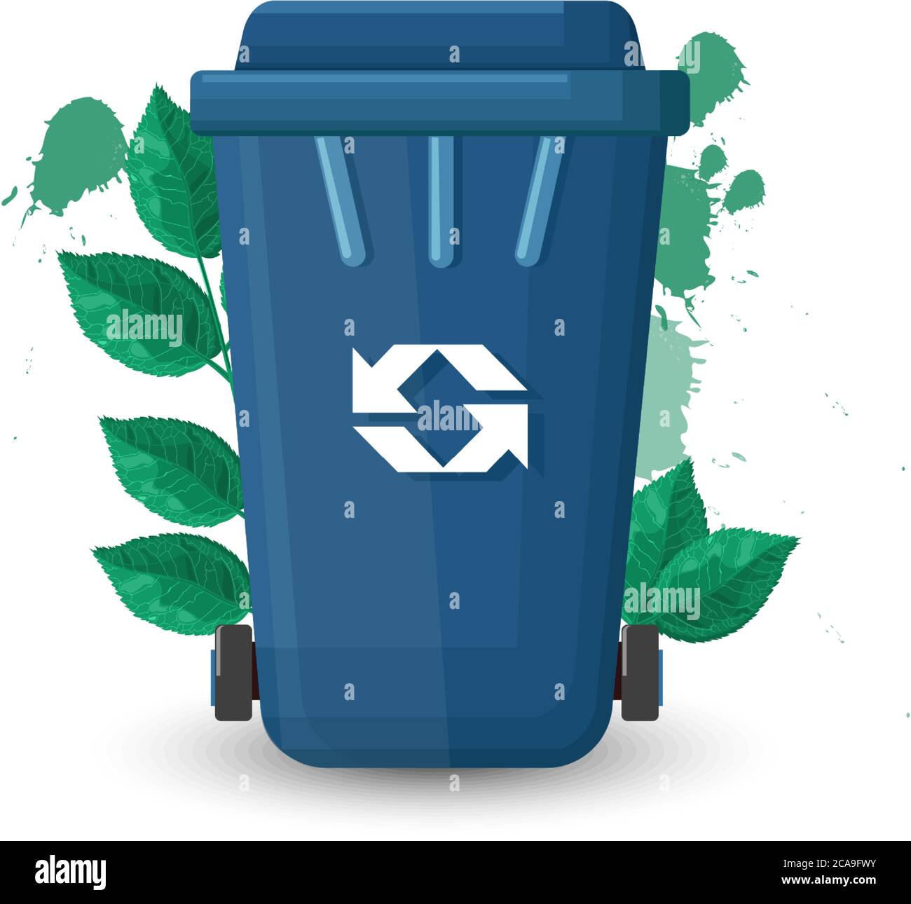 Blue trash can with lid and ecology sign. Green leaves on background ...