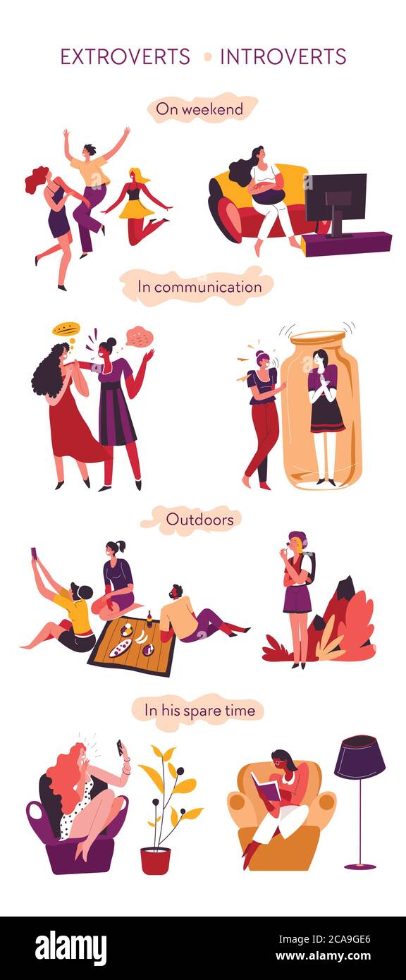 Extrovert and introvert comparison in communication and behavior Stock ...