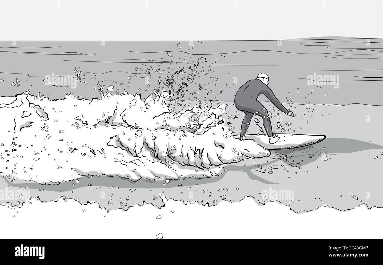 Man in dive suit surfing on a surfboard. Big waves. Line art. Vector ...