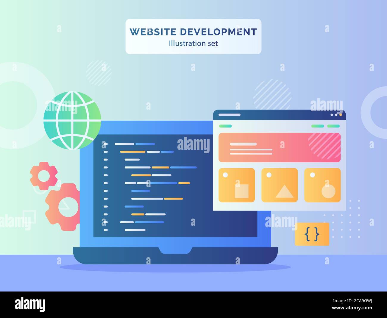 Website Development Illustration Set Wire Frame Language Program Coding On Display Monitor