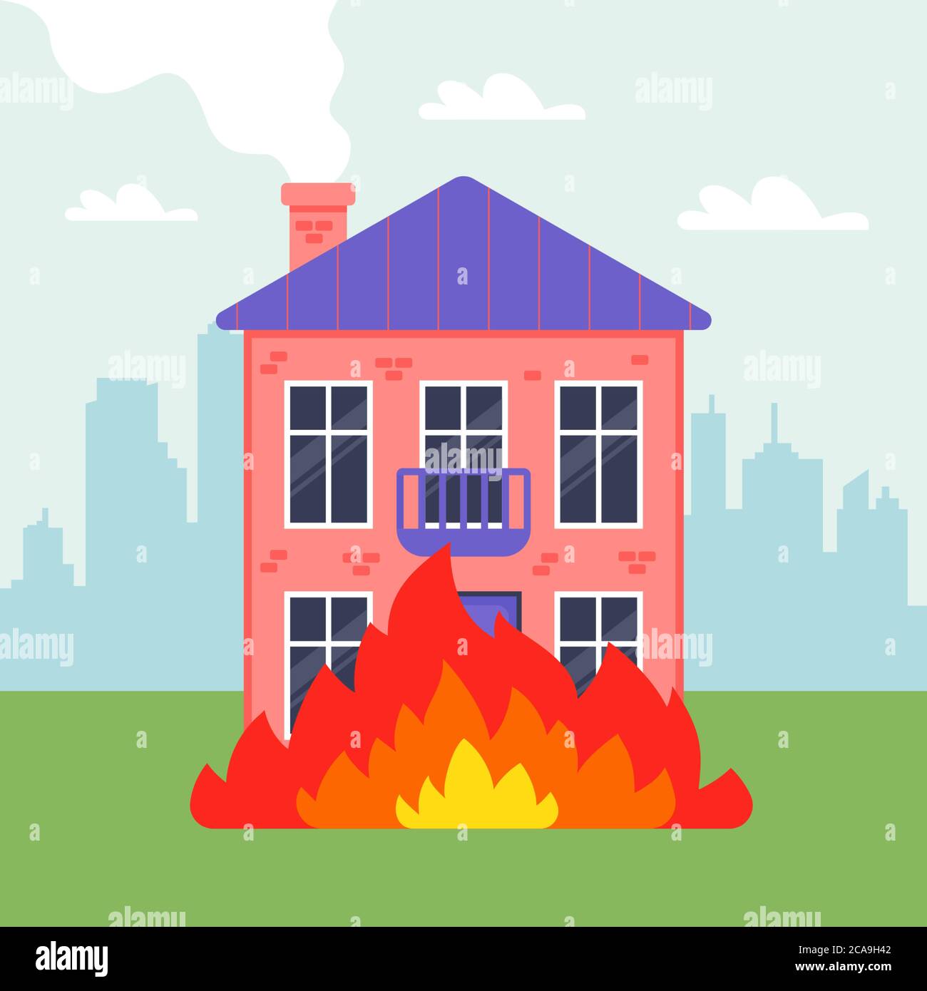 A two-story private house is on fire. fire in the city. flat vector ...