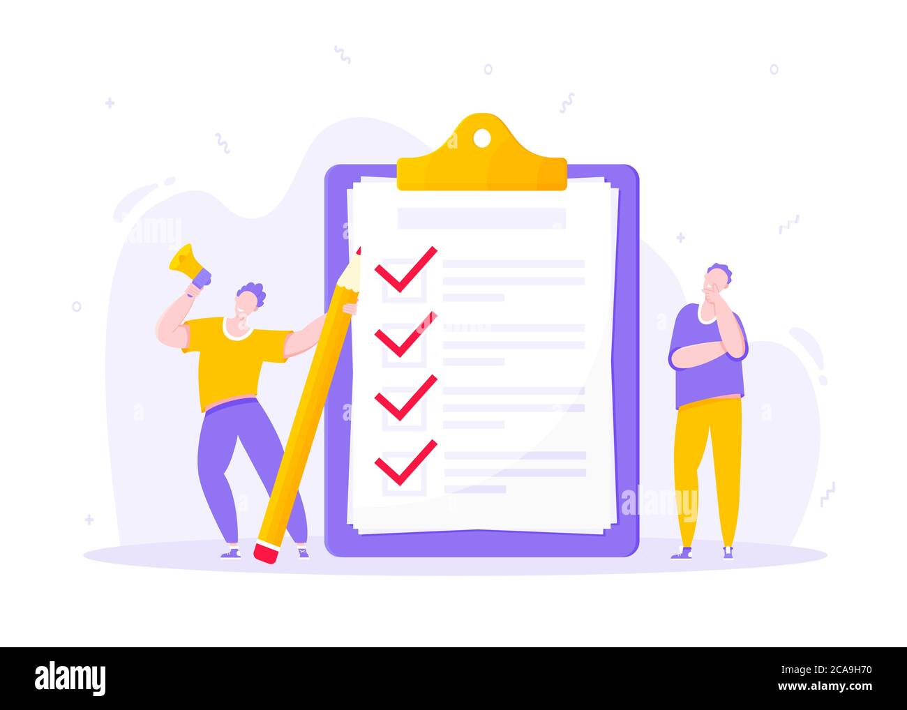 Task done business concept with tiny persons with megaphone, pencil ...