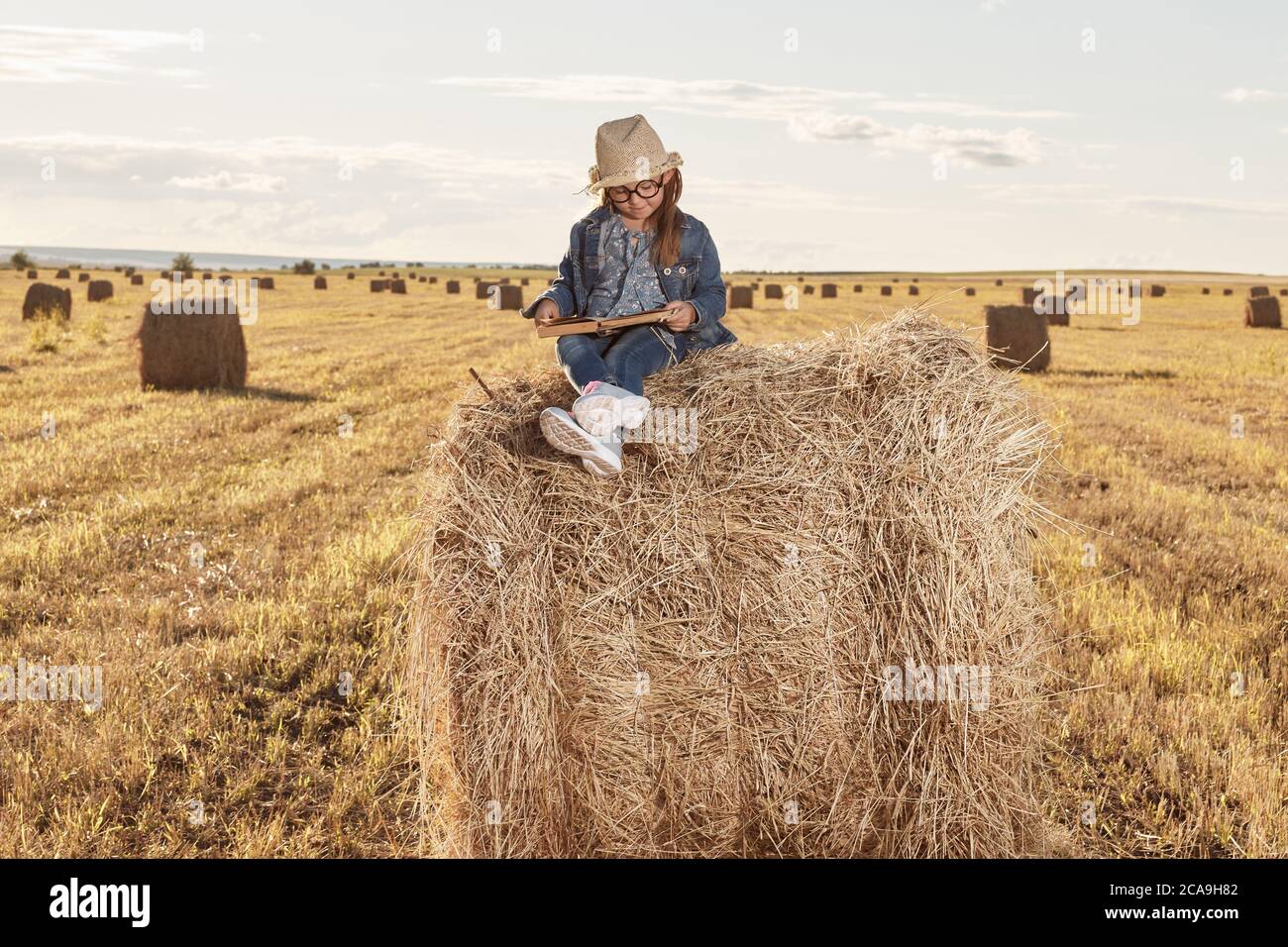 Reading girl sits over the haystack roll on field in countryside. High ...