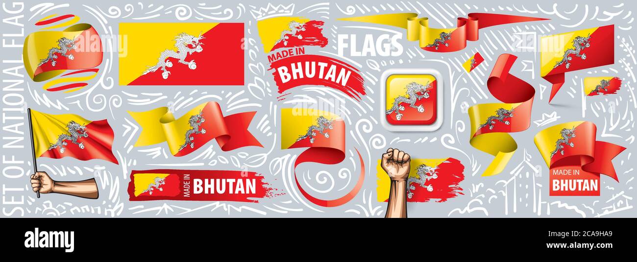 Vector set of the national flag of Bhutan in various creative designs ...