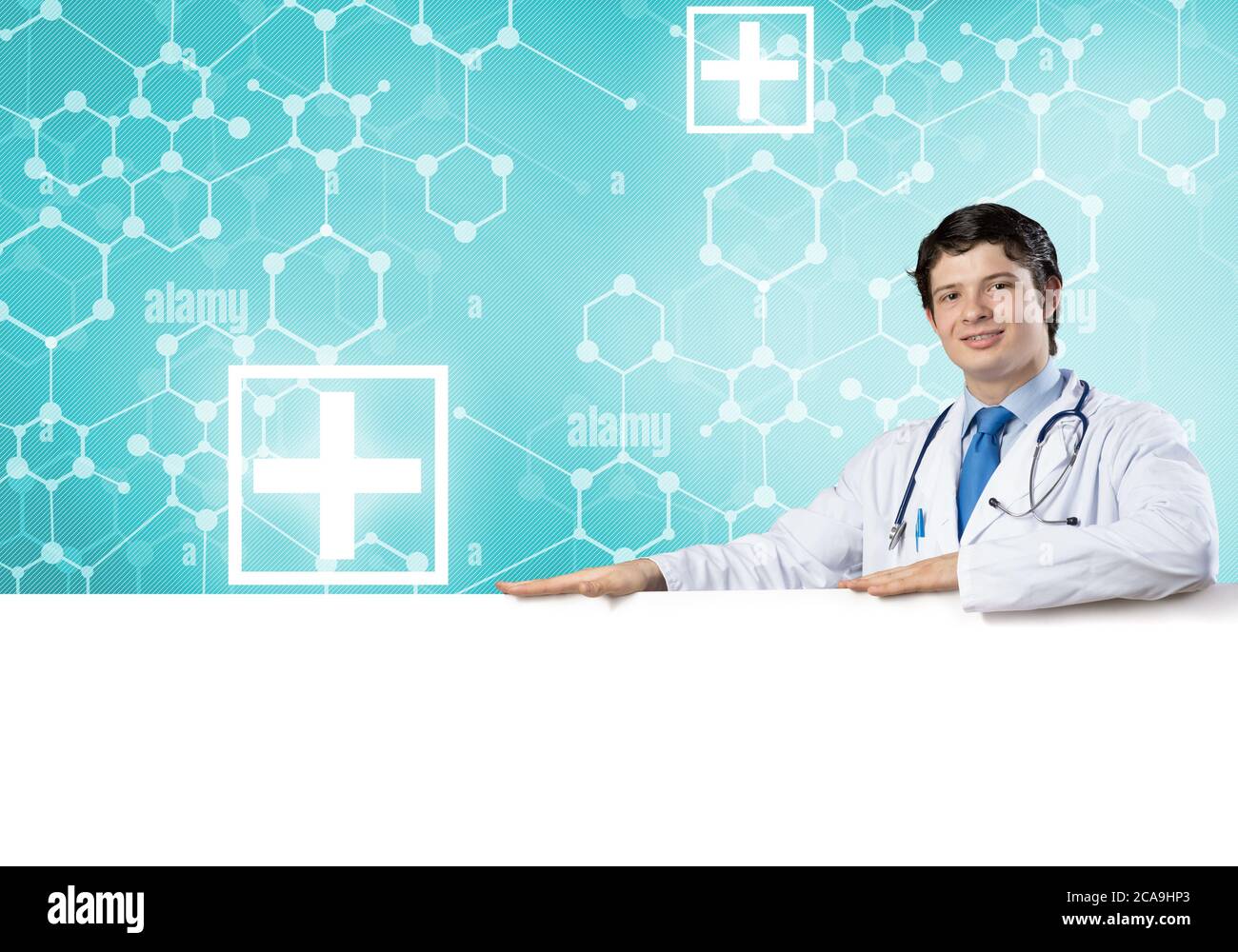 Doctor with banner Stock Photo - Alamy