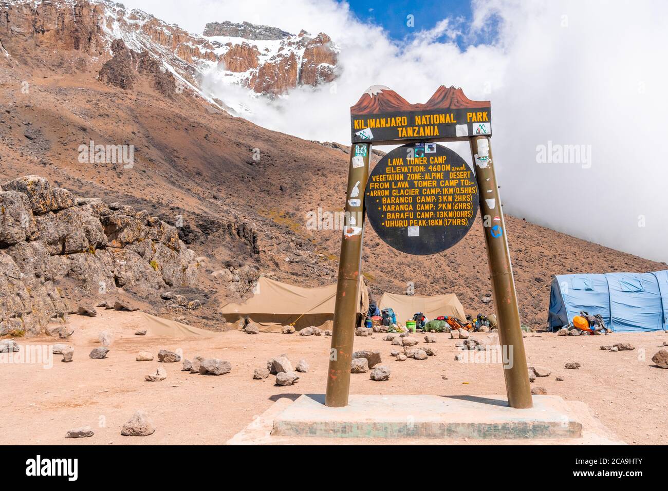 Sign at Lava Tower Camp at the Kilimanjaro National Park campsite along ...