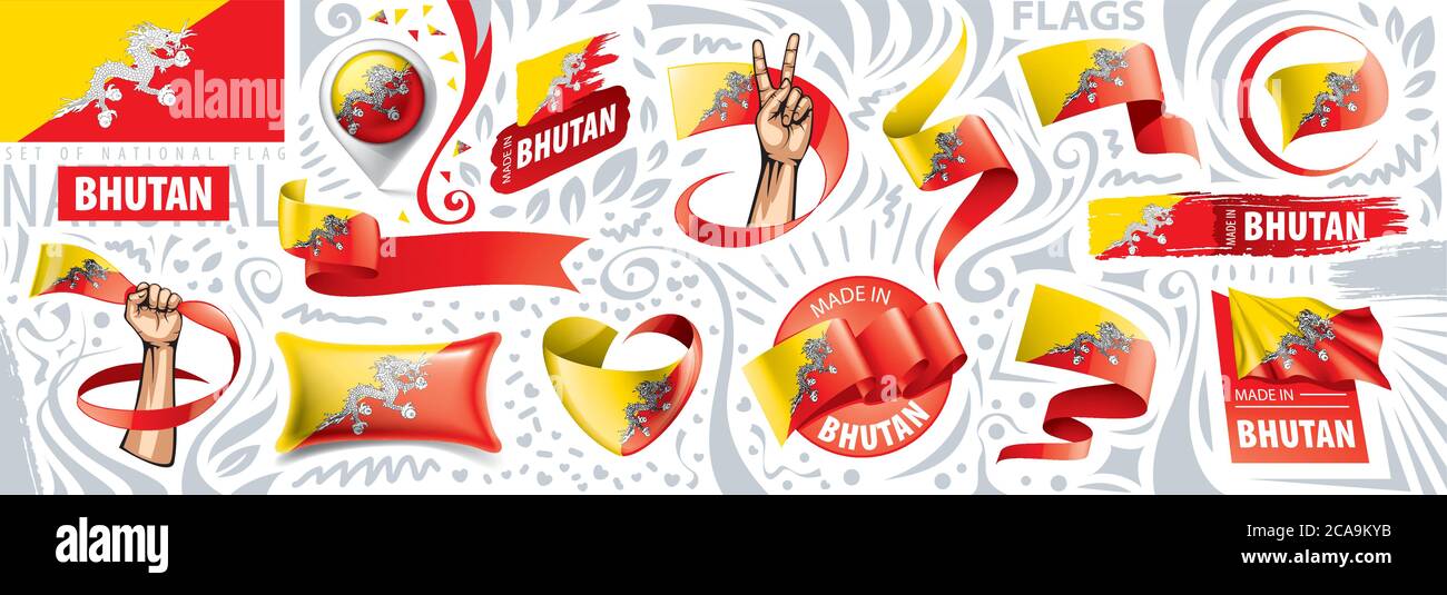 Vector set of the national flag of Bhutan in various creative designs ...