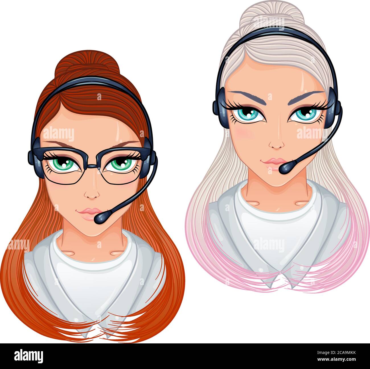 Profession. Portrait of a young beautiful woman operator in headphones ...