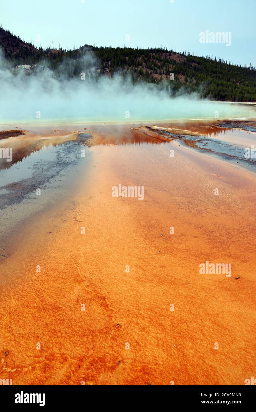 Water vapour coming up from the red ground in Yellowstone National Park ...