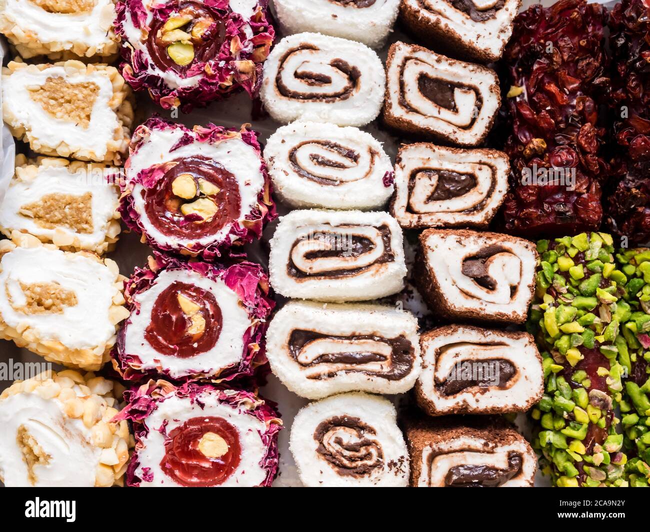 Turkish delight with nuts, pistachios, coconut, chocolate and rose ...