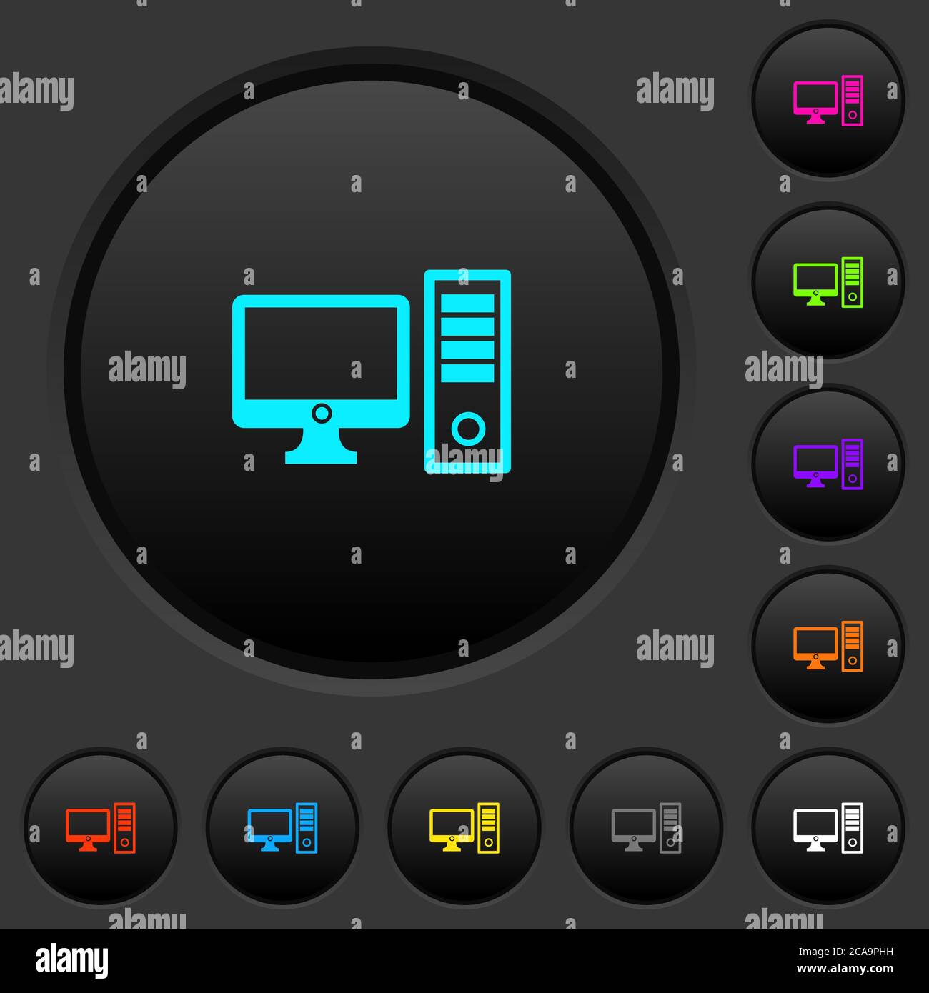 Desktop computer dark push buttons with vivid color icons on dark grey ...