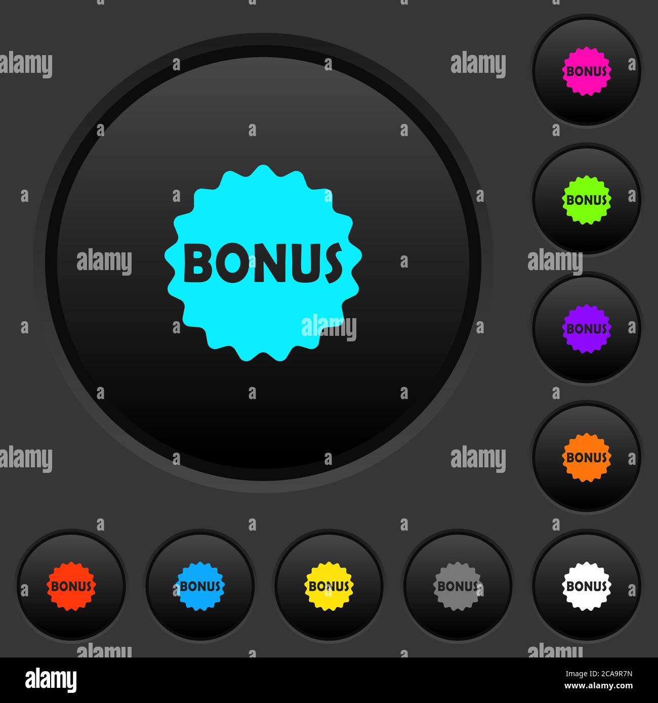 Bonus sticker dark push buttons with vivid color icons on dark grey ...