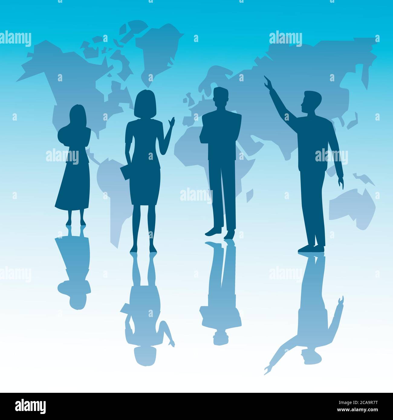 group of business people teamwork silhouettes and earth planet maps ...