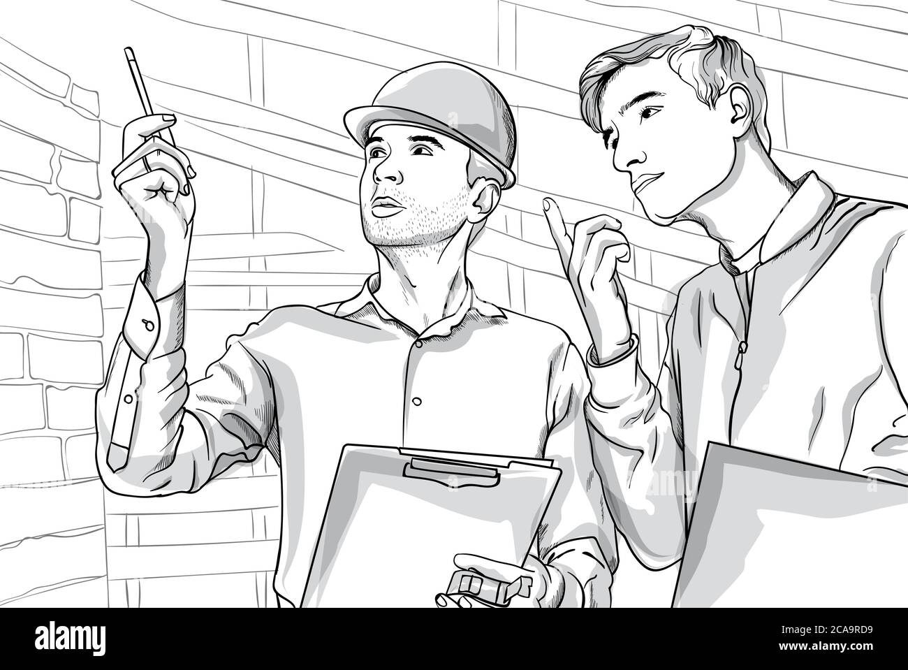 Two serious man on construction site talking. Thoughtful people. Line ...