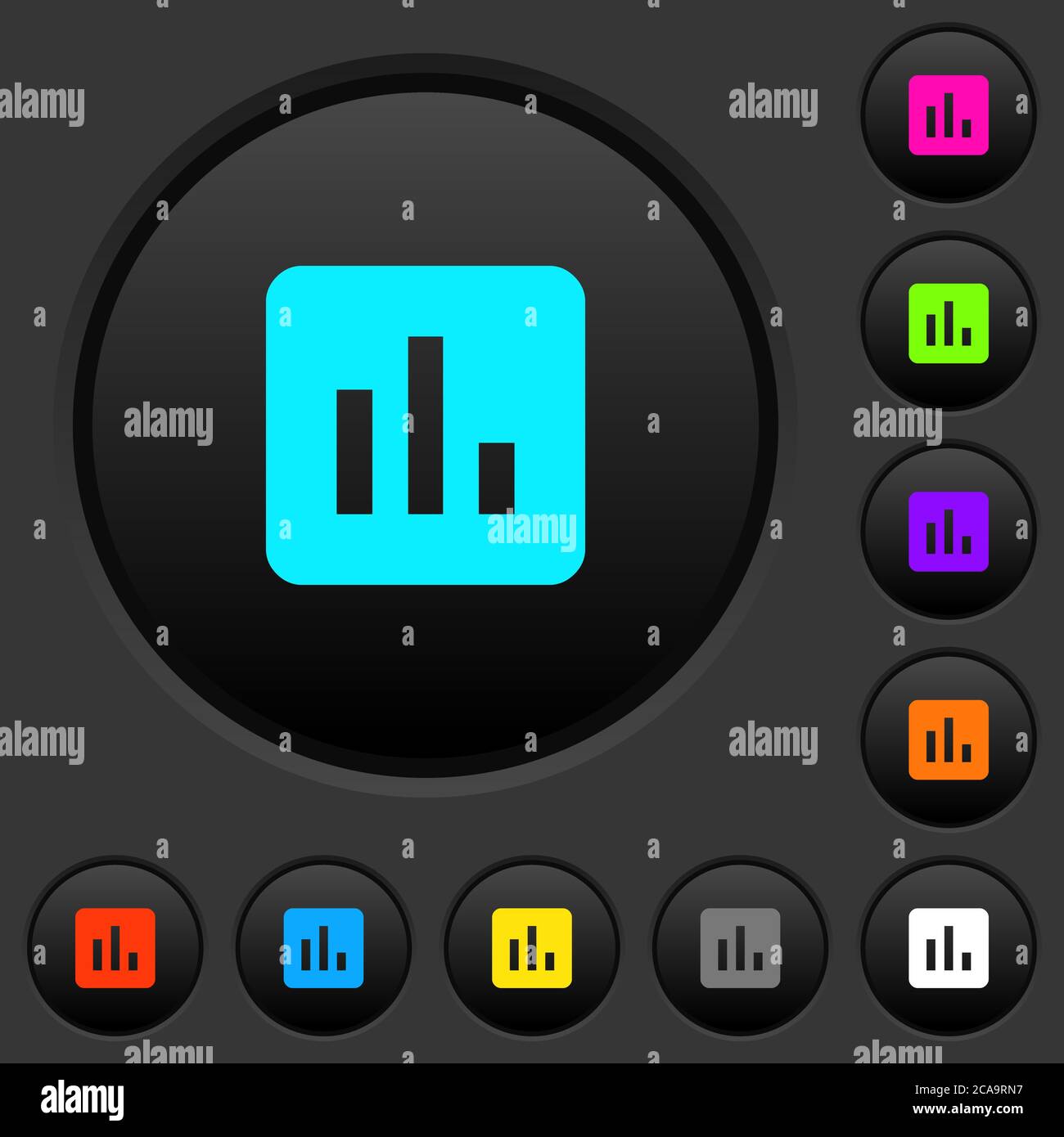 Chart dark push buttons with vivid color icons on dark grey background ...