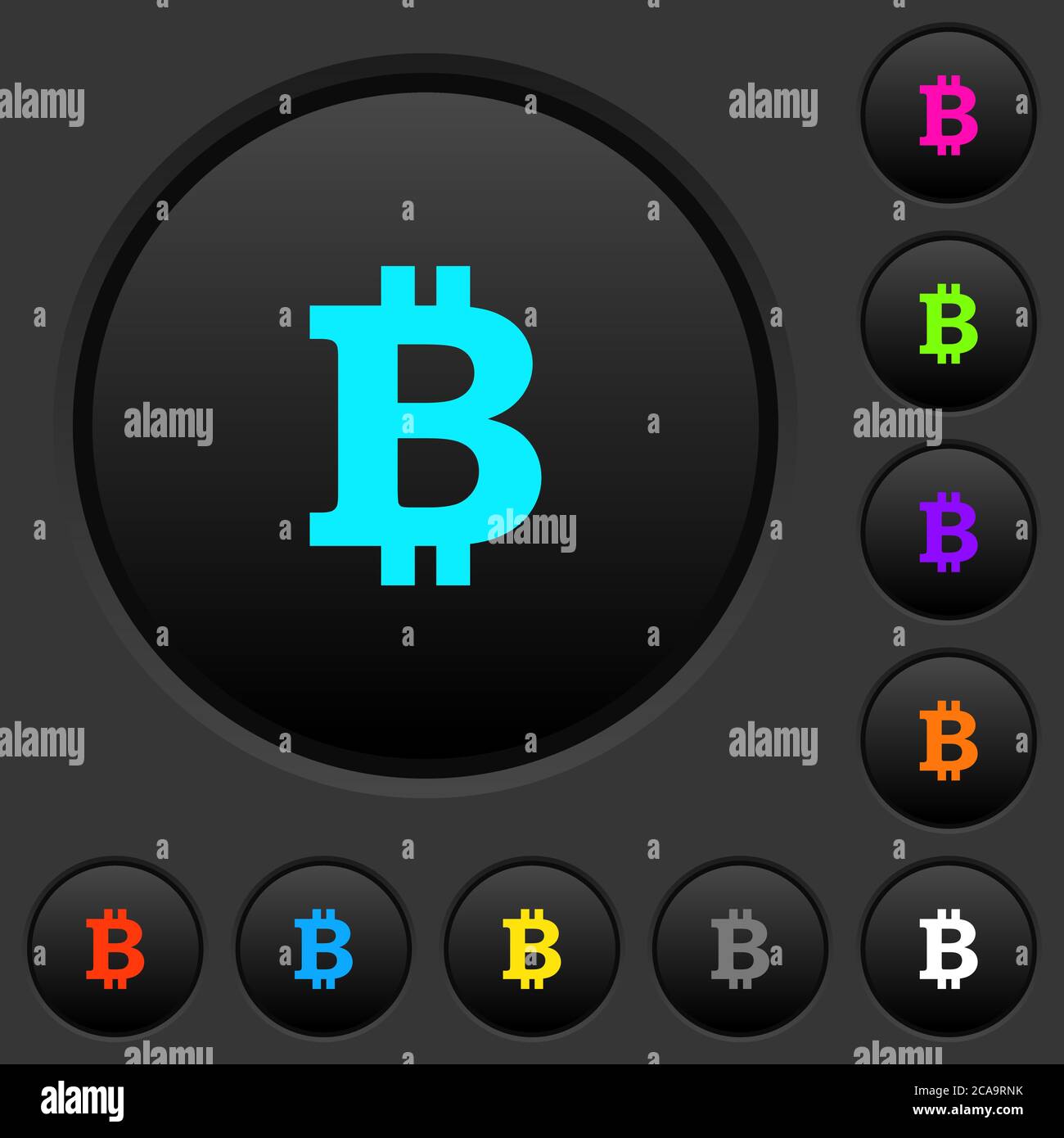 Bitcoin sign dark push buttons with vivid color icons on dark grey ...